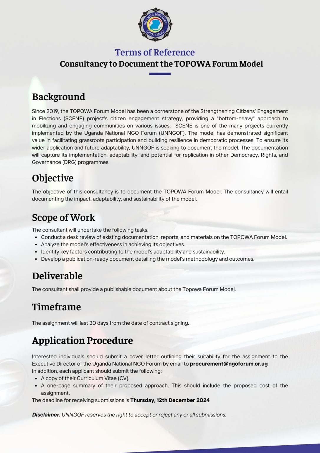 Call for Proposals: Consultancy to Document the Topowa Forum Model